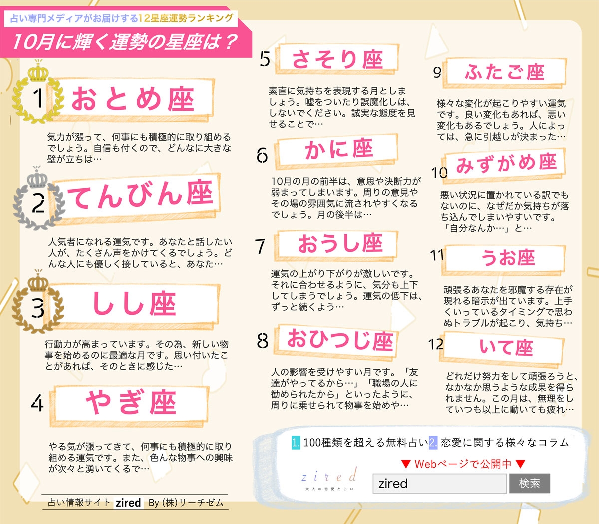 星座占い『10月運勢ランキング』を占いメディアのziredが発表 | 占いメディア zired